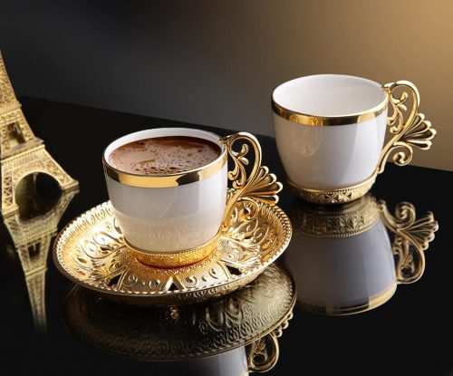 Gold Color Cream Porcelain Coffee Set - Traditional Turk