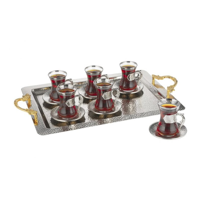 Silver Color Arabic Tea Set For Six With Tray - Traditional Turk