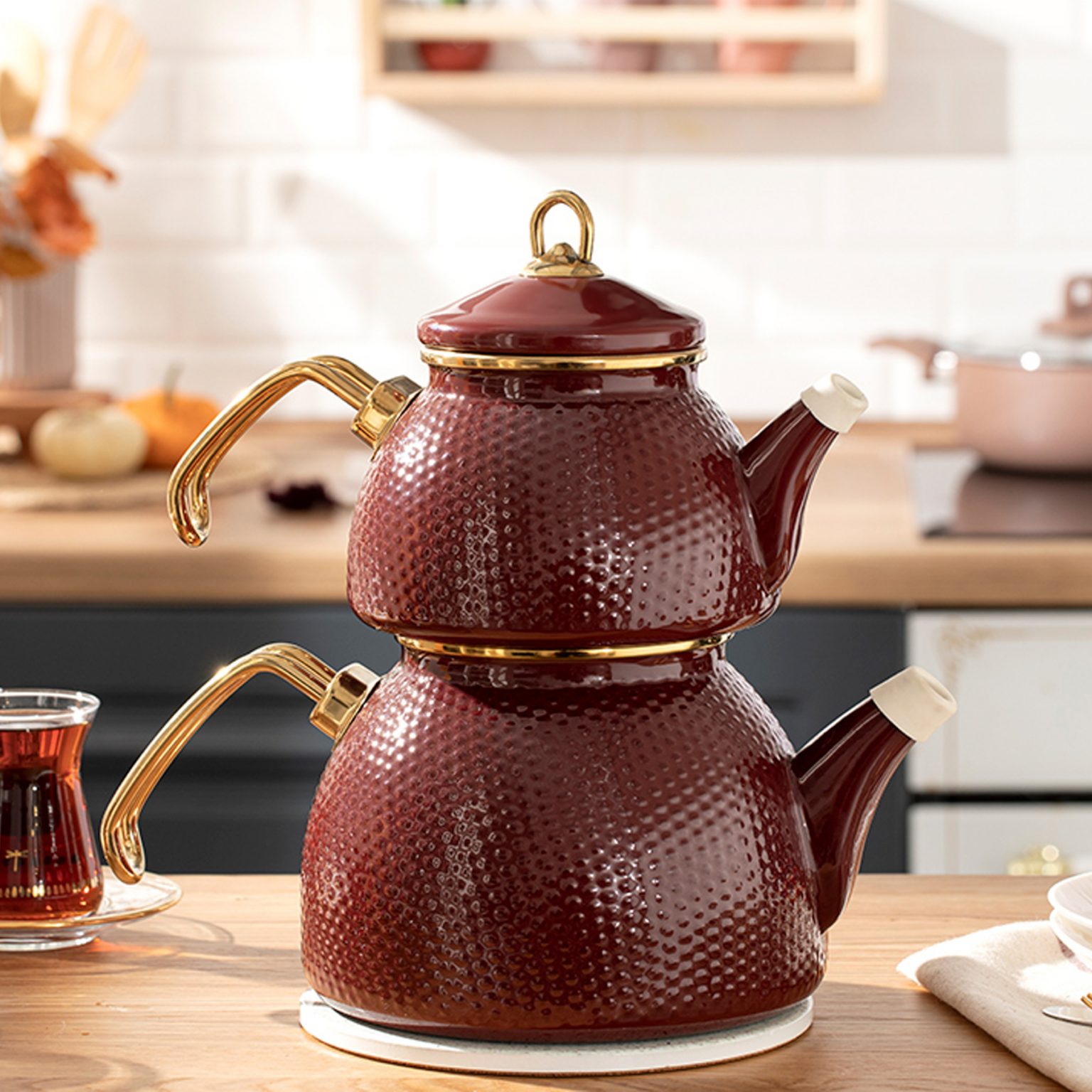 Burgundy Color Ceremony Enamel Turkish Tea Pot Kettle, Turkish Teapot ...