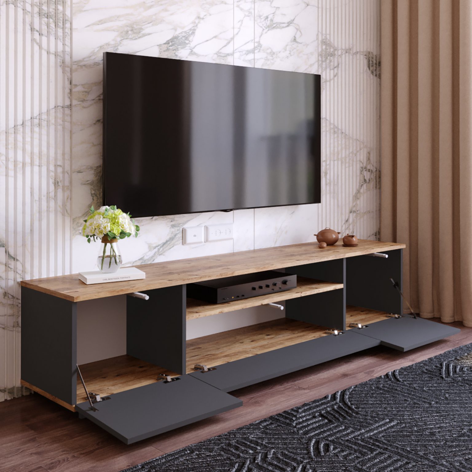 Loft Anthracite TV Stand with 3 Drop-Down Doors, Anthracite Media Stand ...