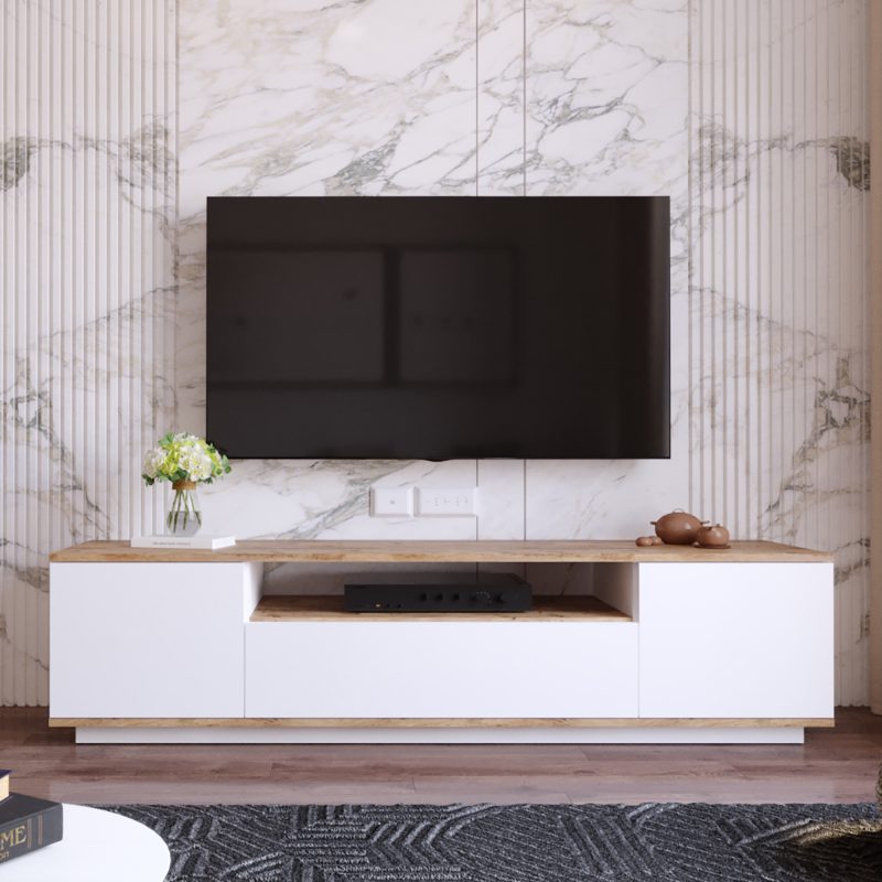 Loft White TV Stand with 3 Drop-Down Doors, White Media Stand with 3 ...