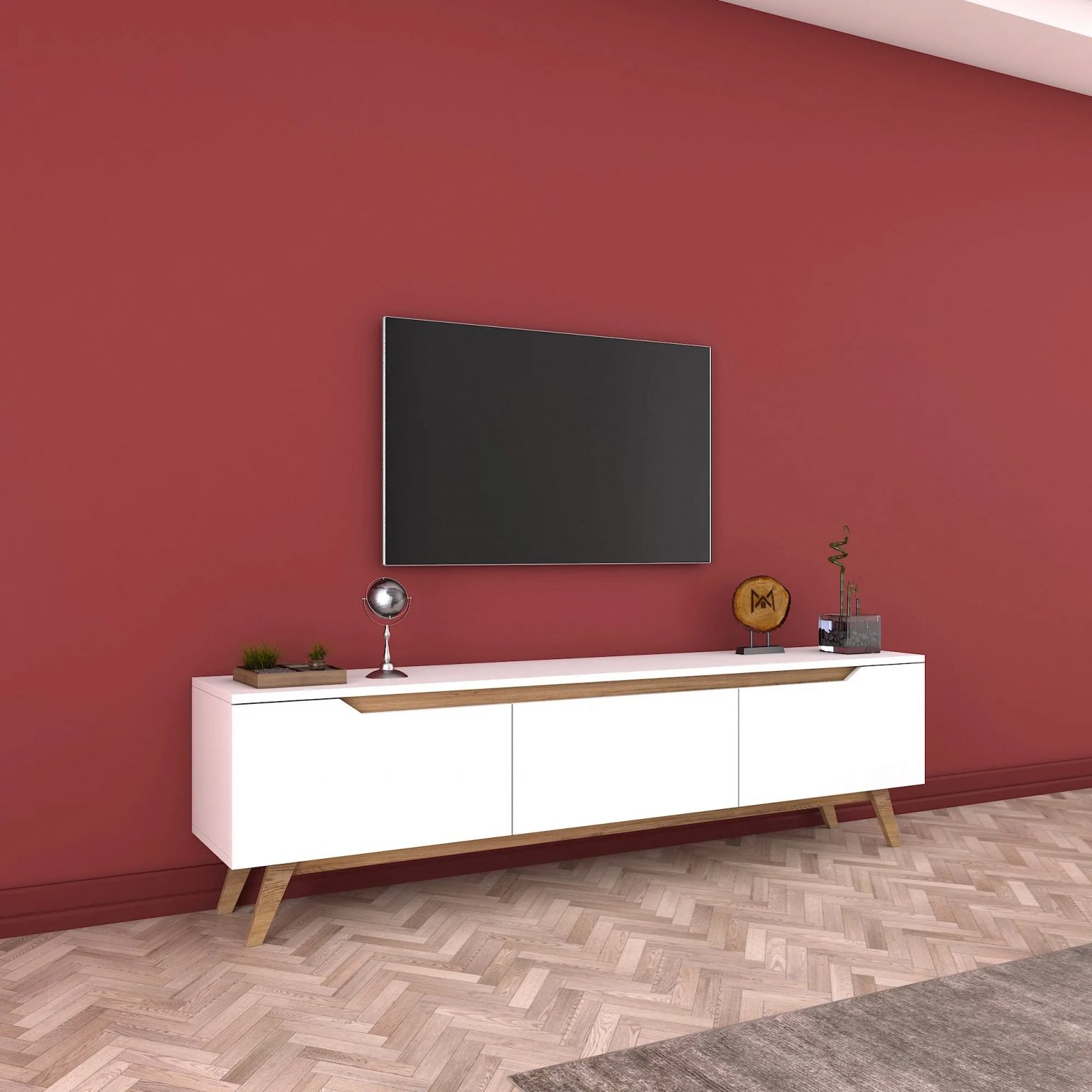 Mira White TV Stand with 3 Drop-Down Doors, Walnut Modern Legs Media Stand with 3 Cabinets ...