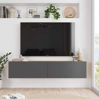 Future Anthracite & Oak Wall Mounted TV Stand with 2 Drop Down Doors ...