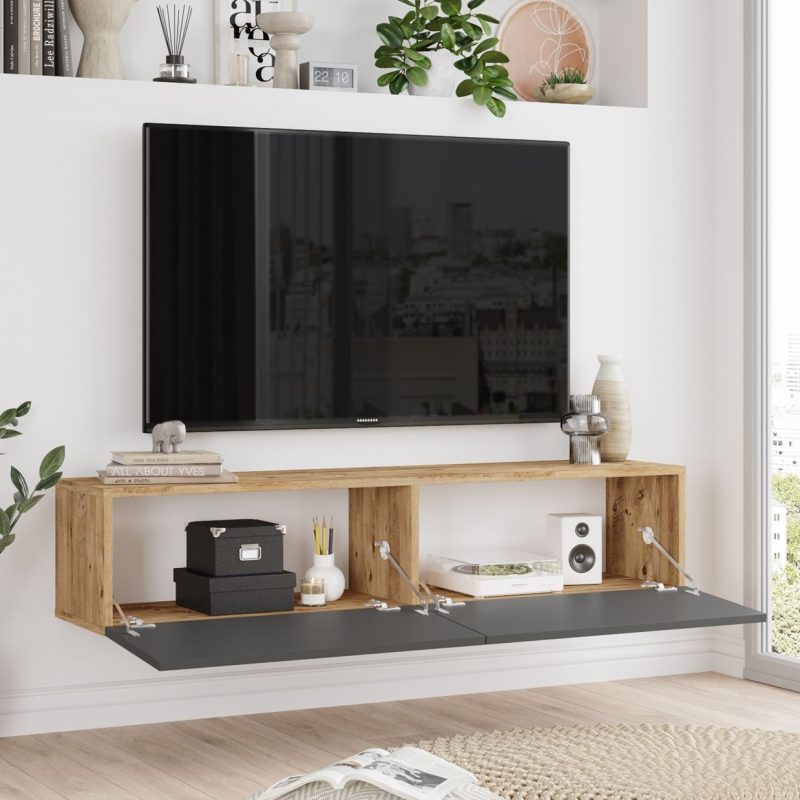 Future Anthracite & Oak Wall Mounted TV Stand with 2 Drop Down Doors ...