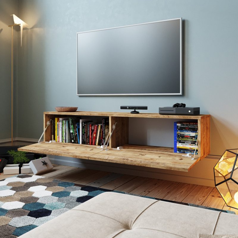 Future Pine Wall Mounted TV Stand with 2 Drop Down Doors, Pine Media ...