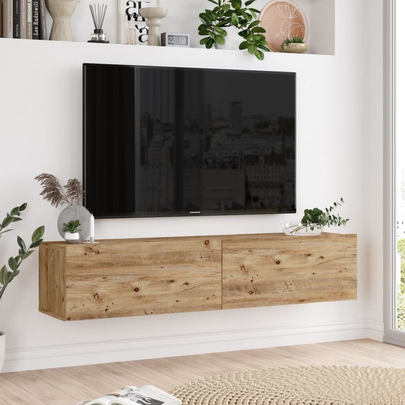 Future Pine Wall Mounted TV Stand with 2 Drop Down Doors, Pine Media ...