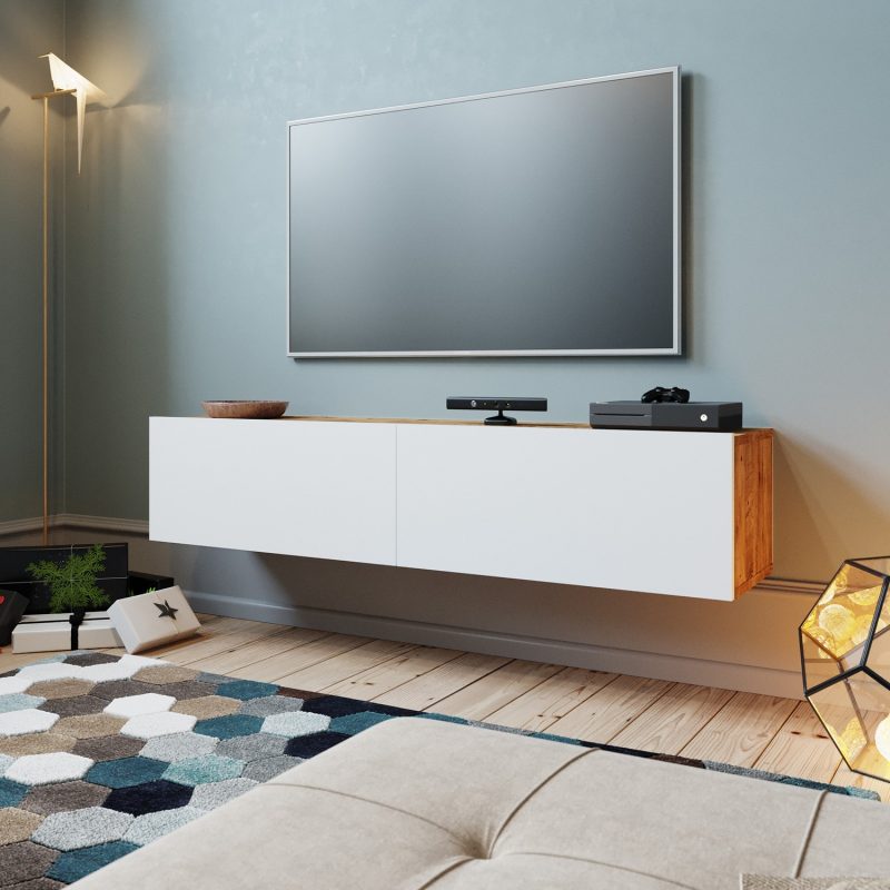Future White & Oak Wall Mounted TV Stand with 2 Drop Down Doors, White ...