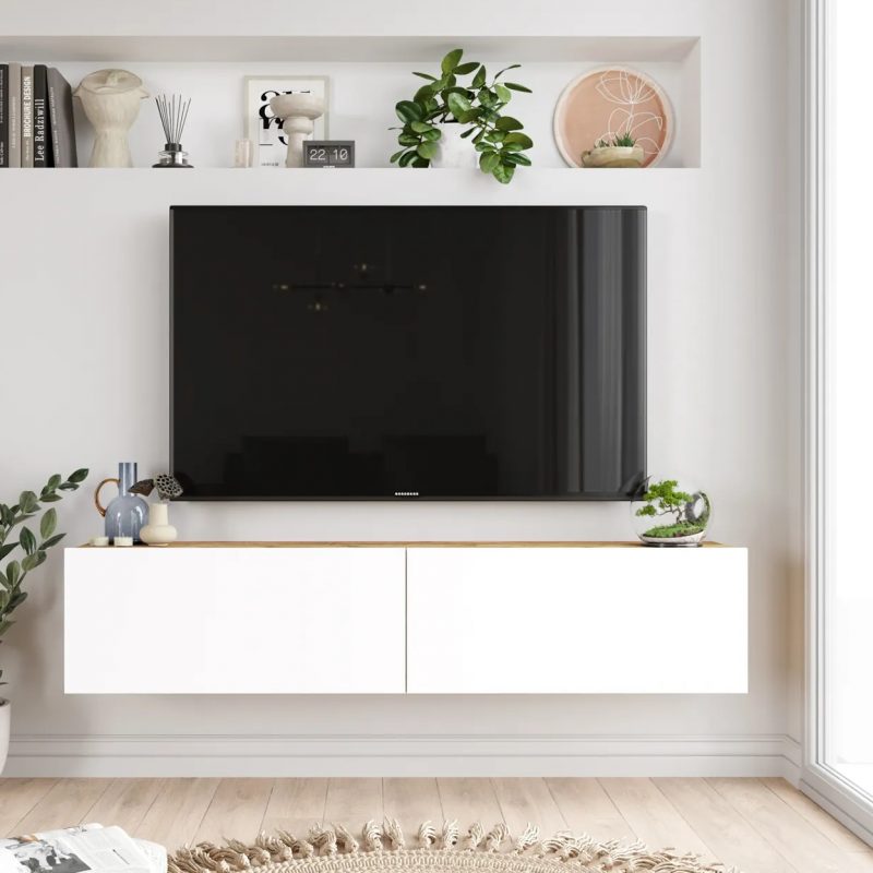 Future White & Oak Wall Mounted TV Stand with 2 Drop Down Doors, White ...